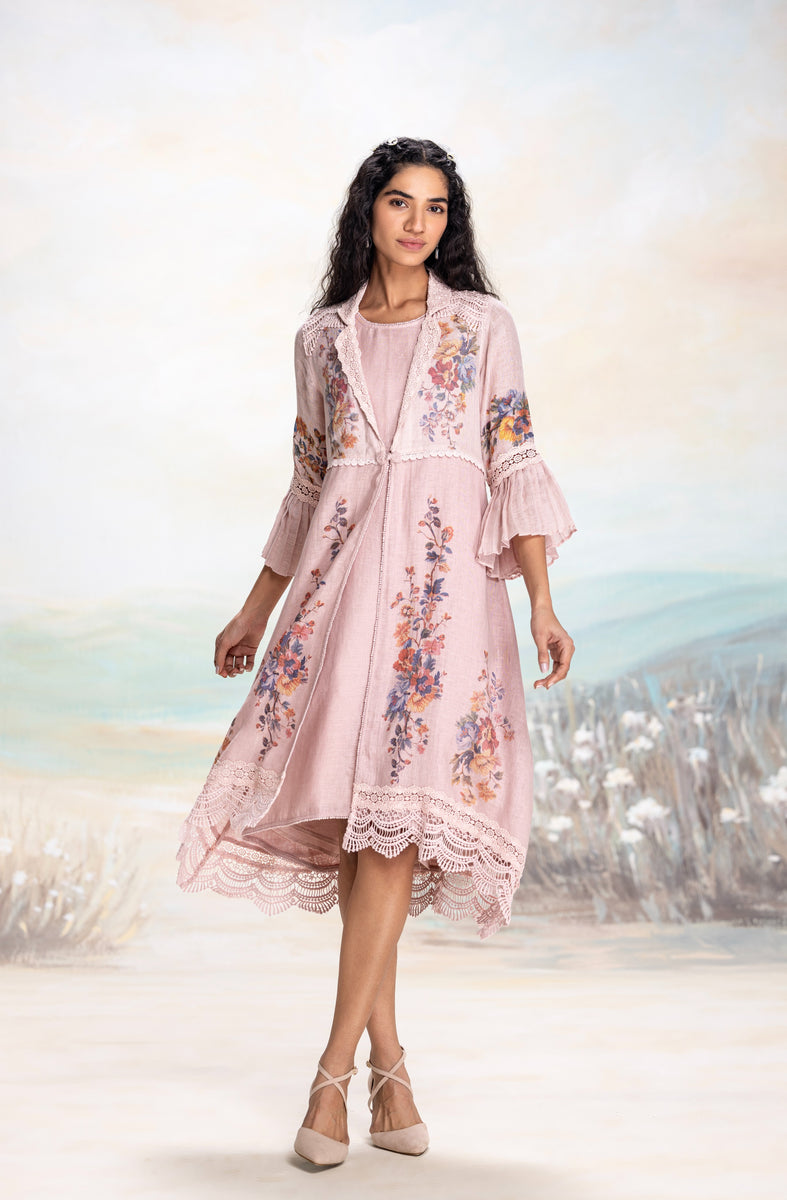 Floral printed lace long jacket with pleated sleeves and inner dress by ...
